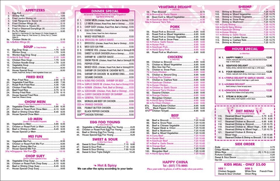 Happy China menu in Byron, Minnesota, USA