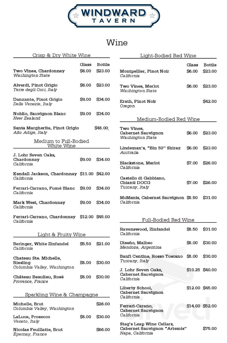 Menu for Windward Tavern in Brick Township, NJ | Sirved