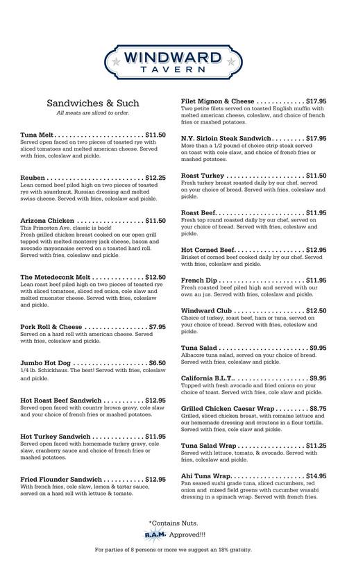 Windward Tavern menu in Brick Township, New Jersey, USA