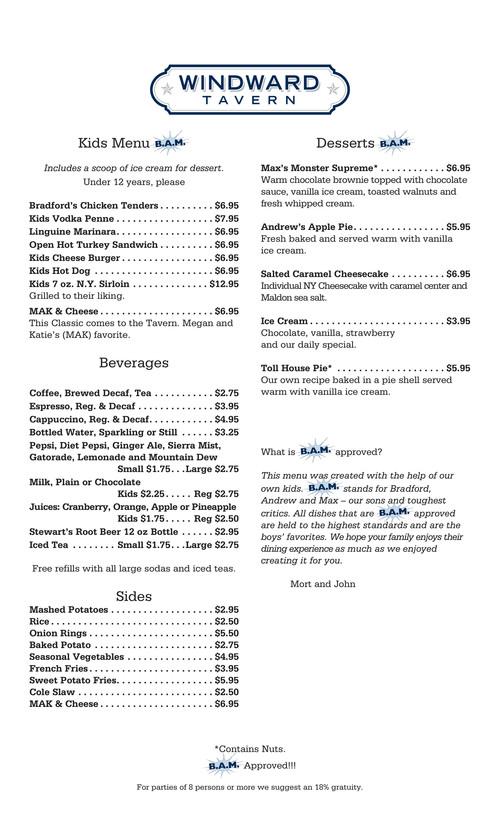 Windward Tavern menu in Brick Township, New Jersey, USA