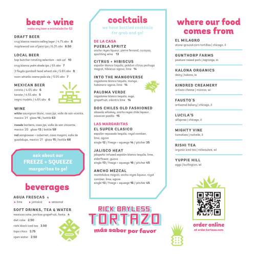 Tortazo menu in Chicago, Illinois, USA