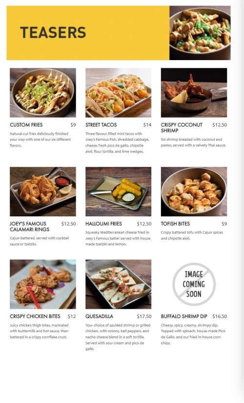 Joey's Fish Shack menu in Fort McMurray, Alberta, Canada