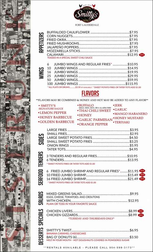 Smitty's Wings Sistrunk menu in Fort Lauderdale, Florida, USA