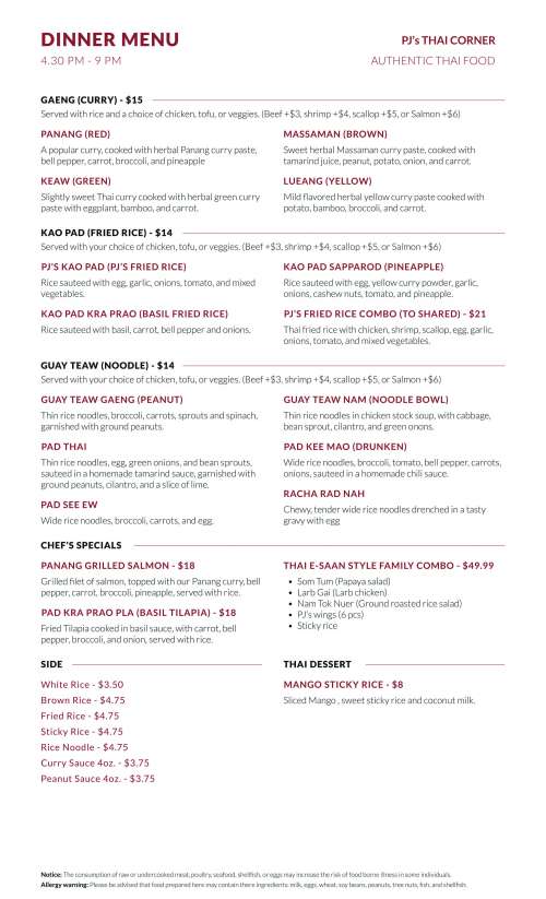 PJ Thai menu in Savannah, Georgia, USA