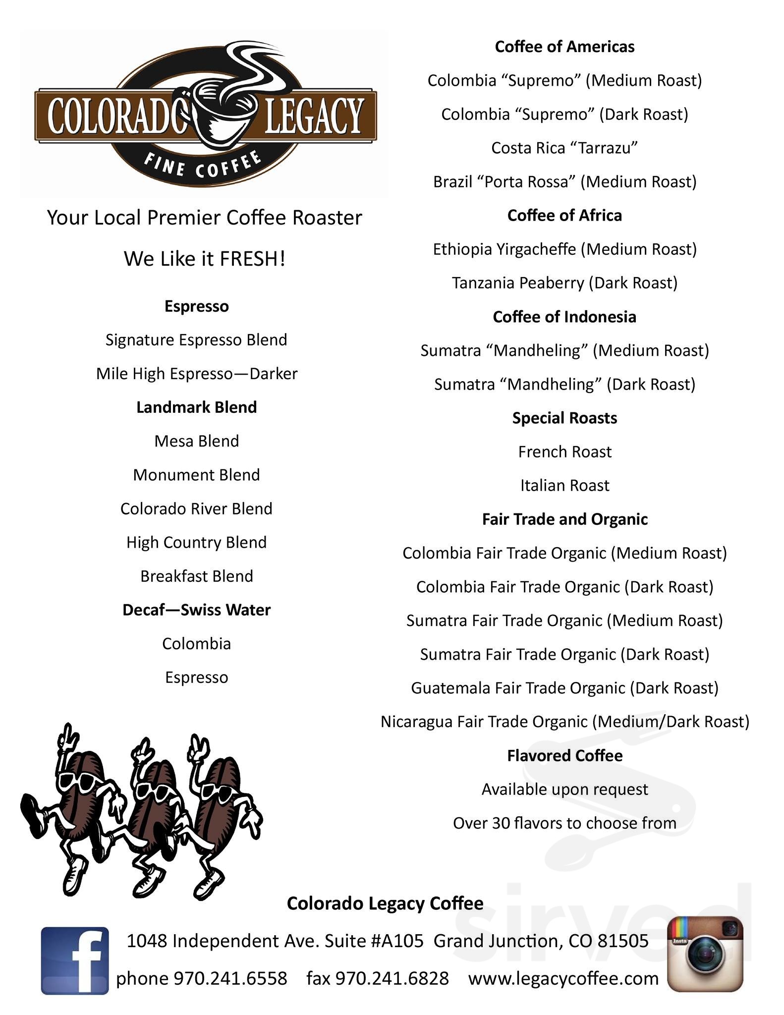 Colorado Legacy Coffee menu in Grand Junction, Colorado, USA
