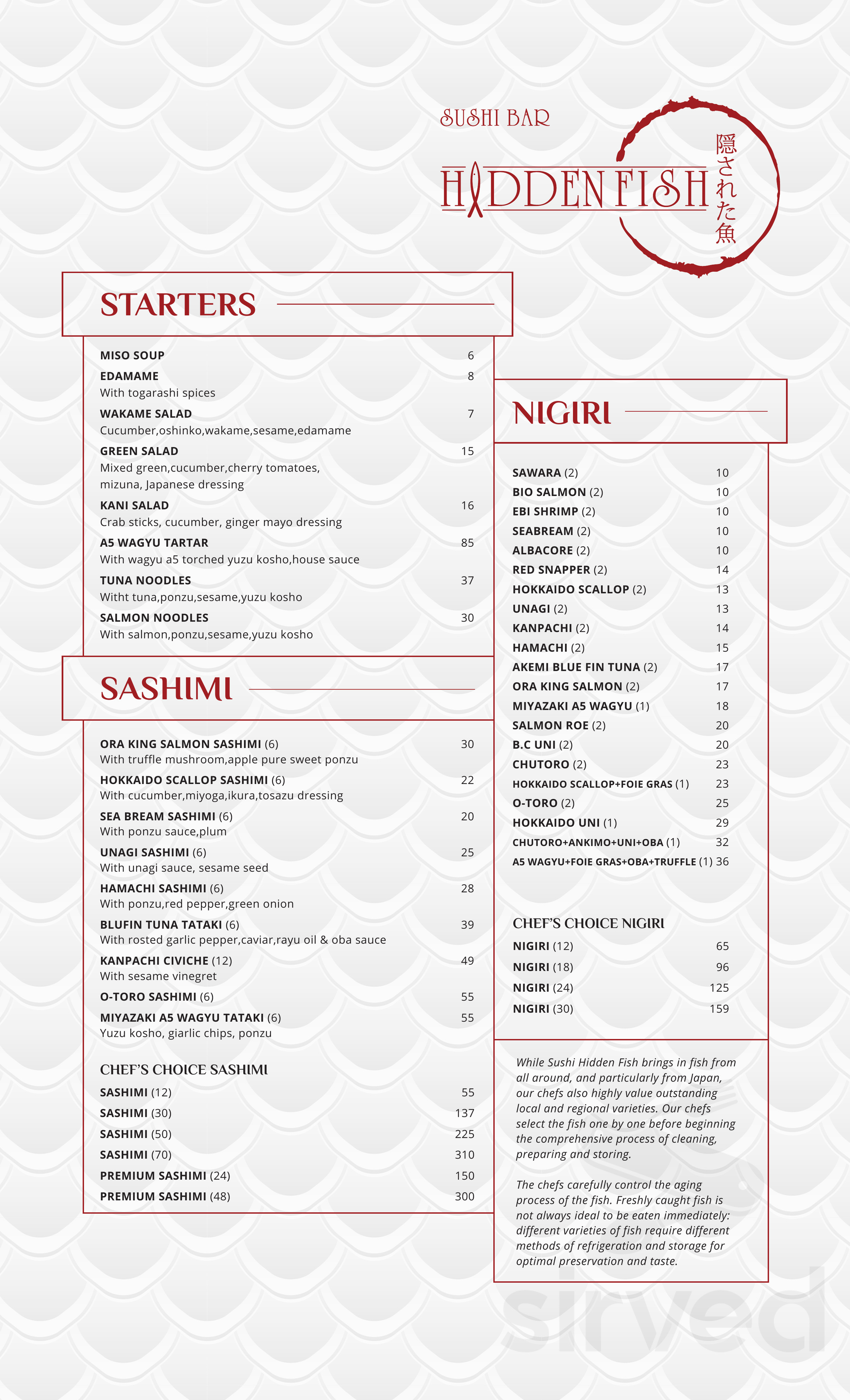 Sushi Hidden Fish menu in Montréal, Quebec, Canada