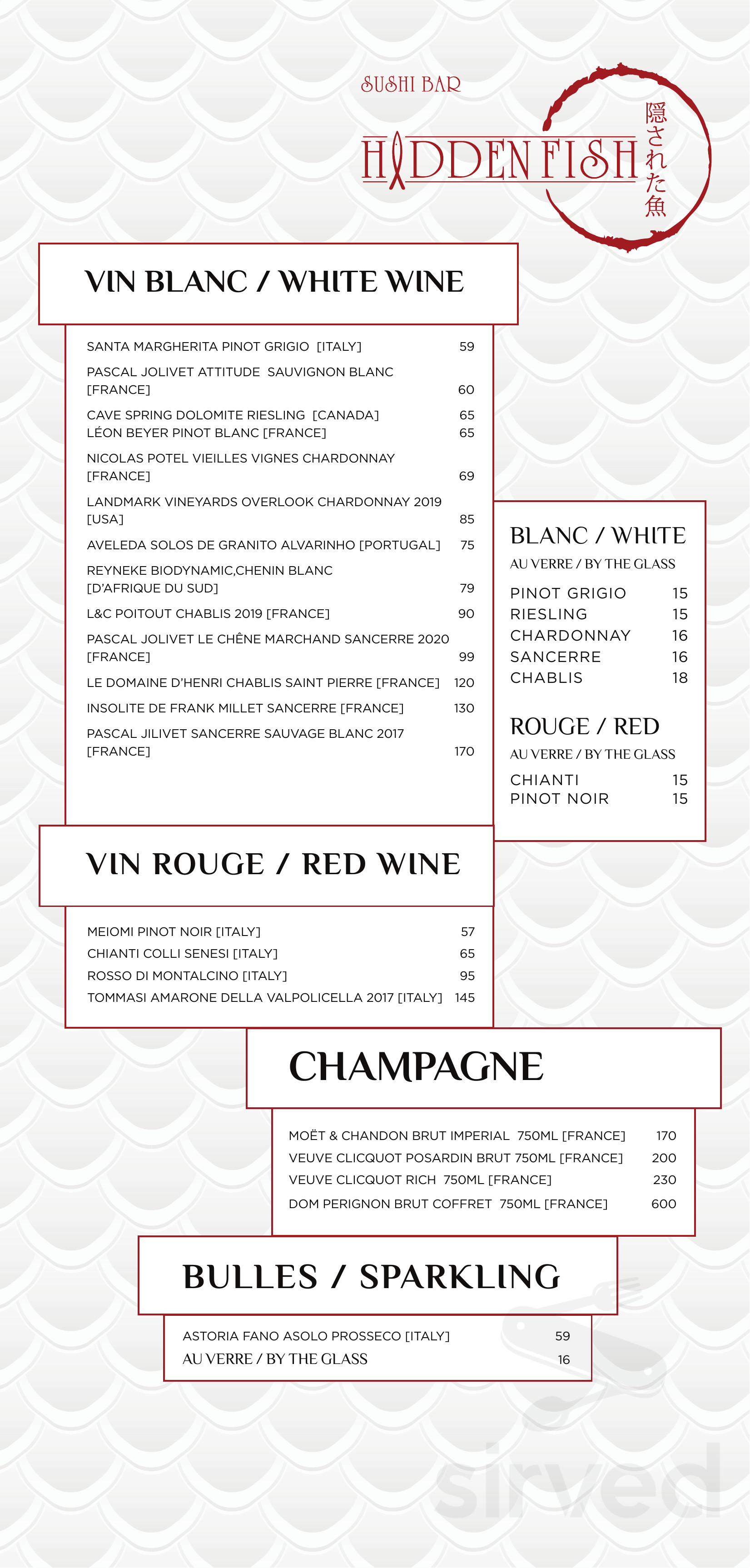 Sushi Hidden Fish menus in Montréal, Quebec, Canada