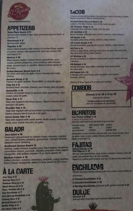 El Tejano menu in North Hollywood, California, USA
