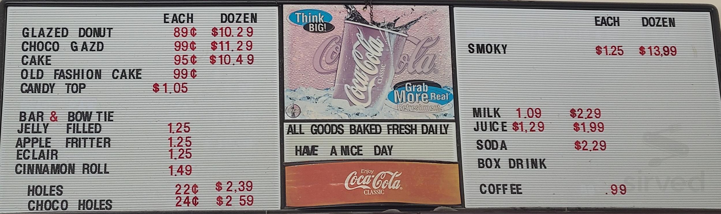 Max's Donut Shop menu in Allen, Texas, USA