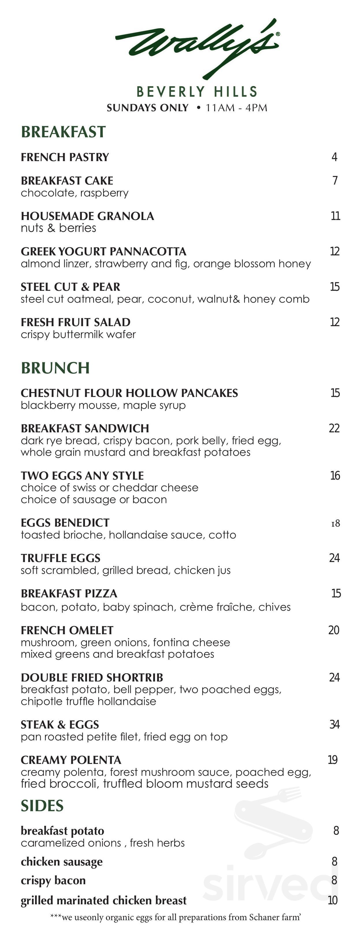 Wally's Santa Monica menu in Santa Monica, California, USA