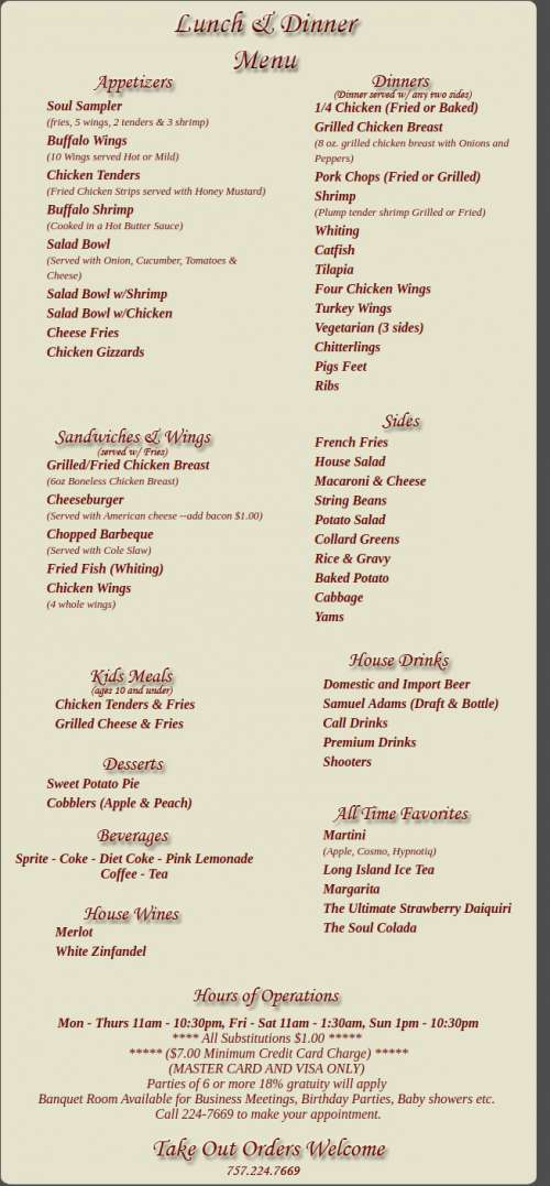 Queens Way Soul Cafe menu in Hampton, Virginia, USA