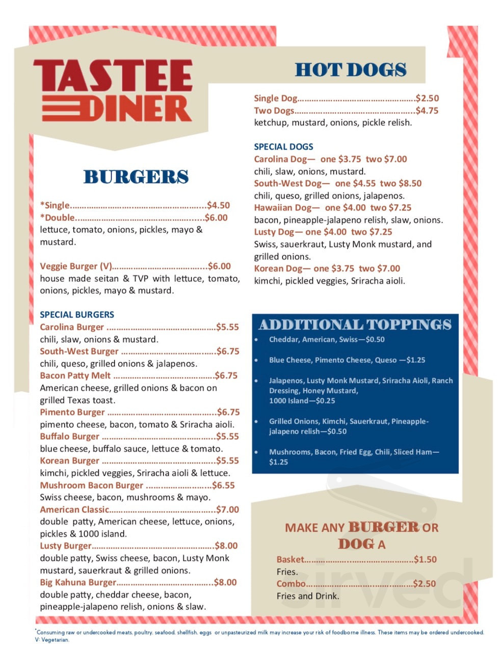 Menu - Asheville NC's Tastee Diner | Sirved