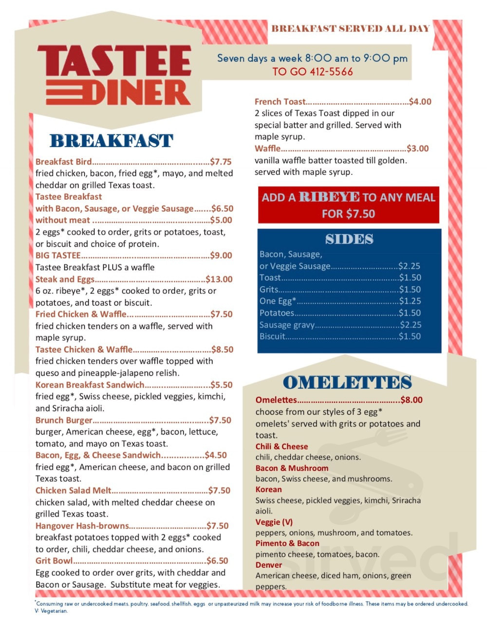 Menu - Asheville NC's Tastee Diner | Sirved