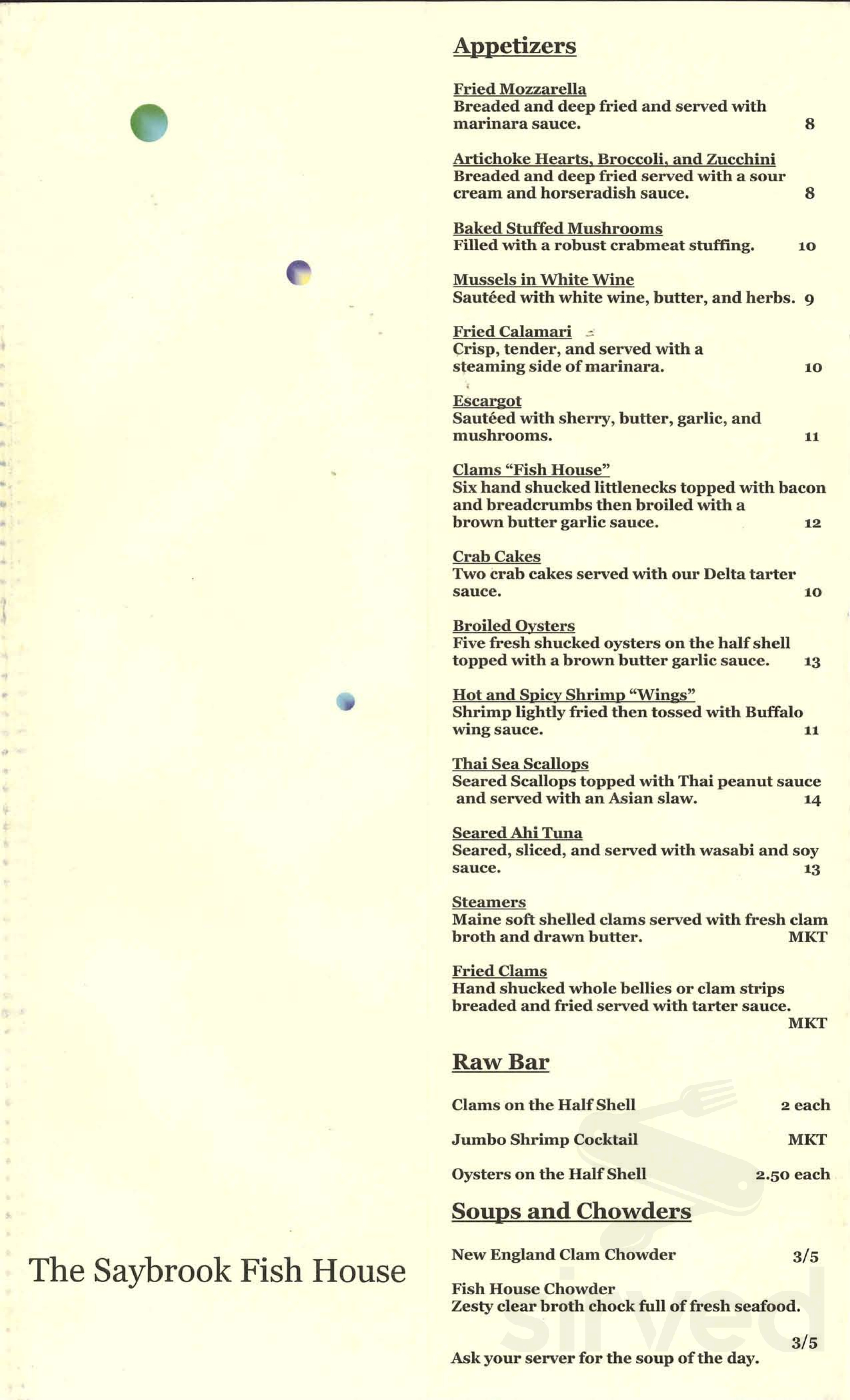 Saybrook Fish House menu in Rocky Hill, Connecticut, USA