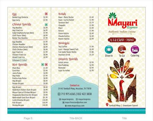 Mayuri Express menu in Houston, Texas, USA