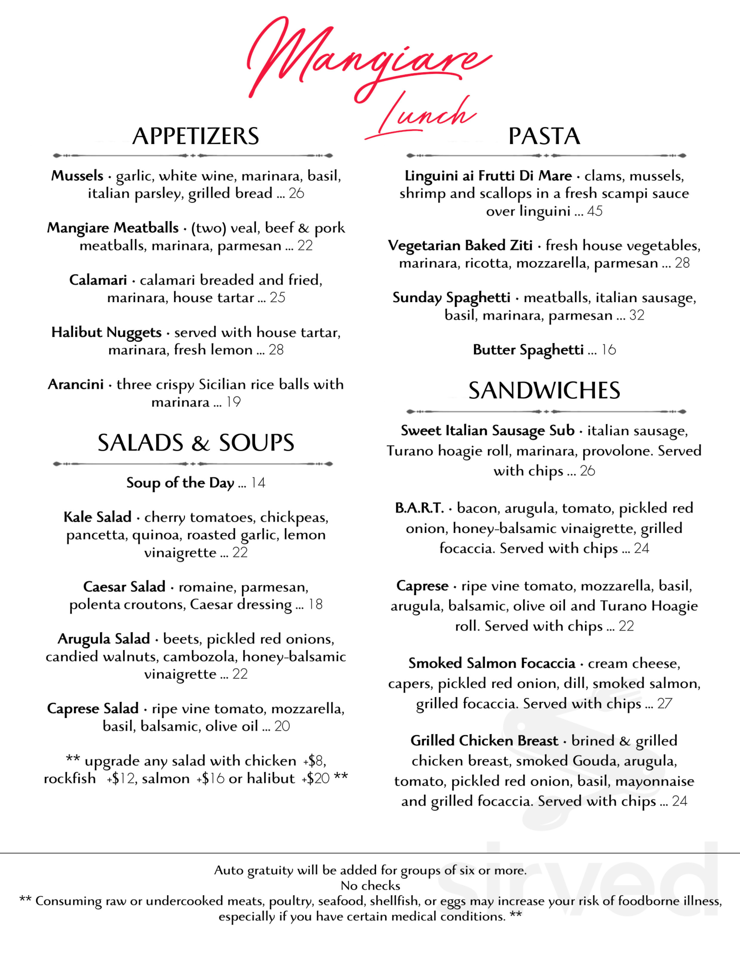 Menu for Mangiare in Sitka, AK | Sirved