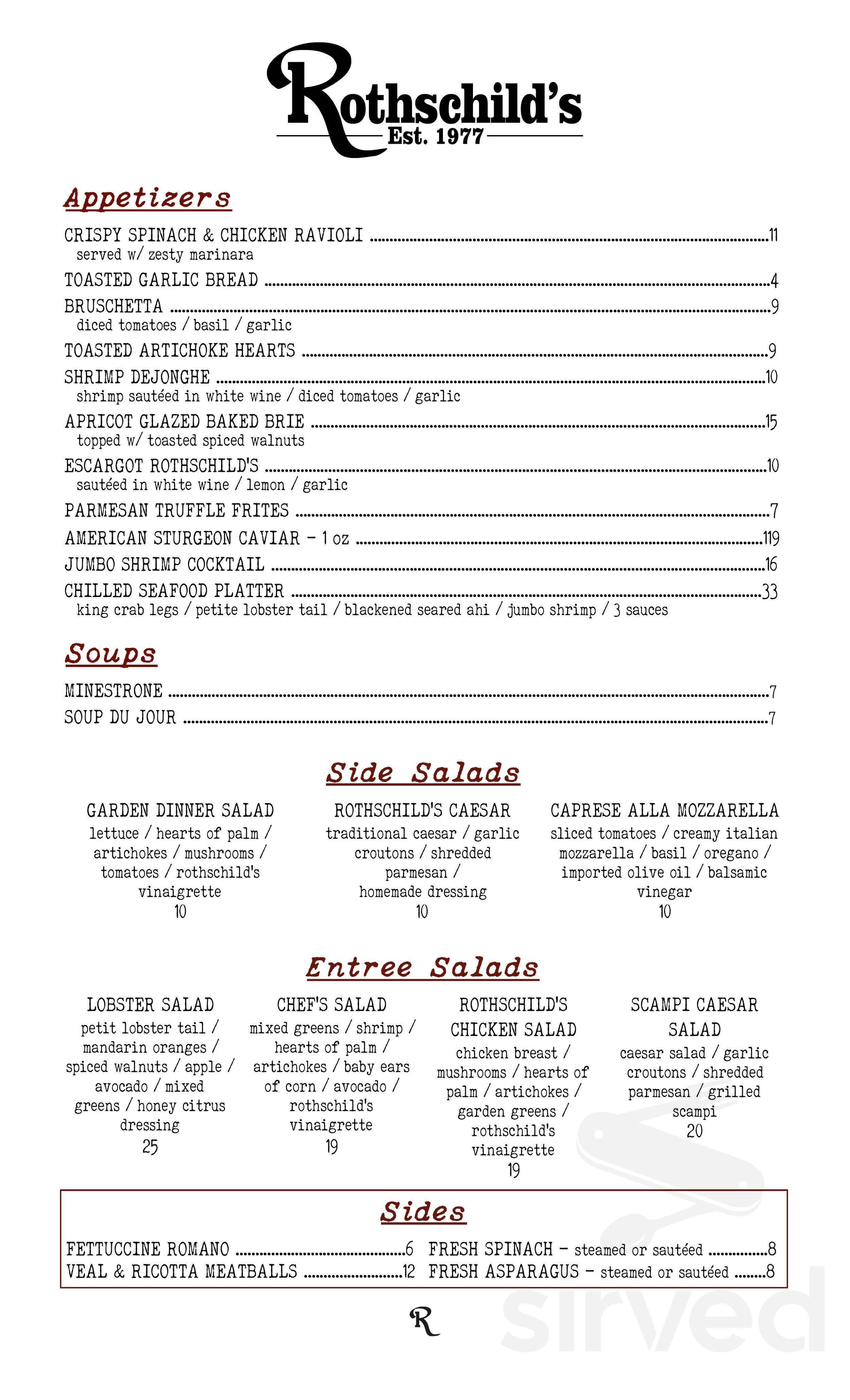 Rothschild's Restaurant menu in Corona Del Mar, California, USA