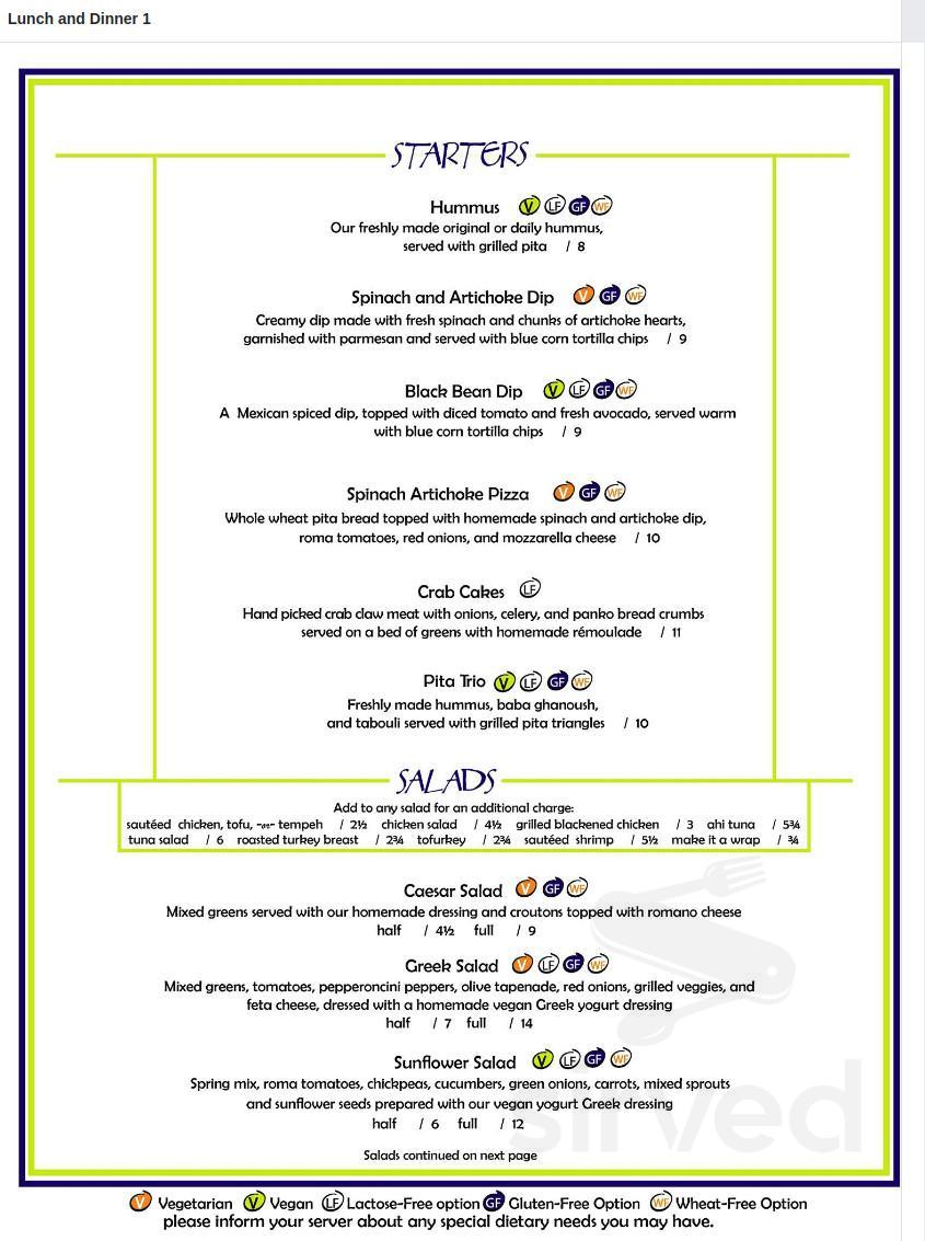 The Sunflower Cafe menu in Fairhope, Alabama, USA