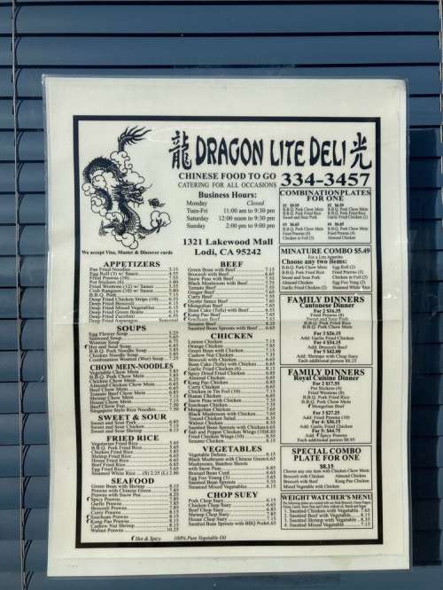 Dragon Lite Deli menu in Lodi, California, USA