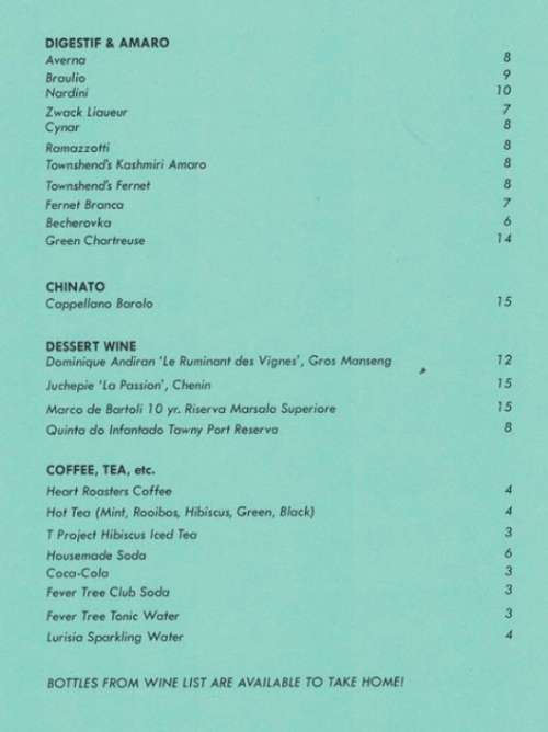 Dame menu in Portland, Oregon, USA