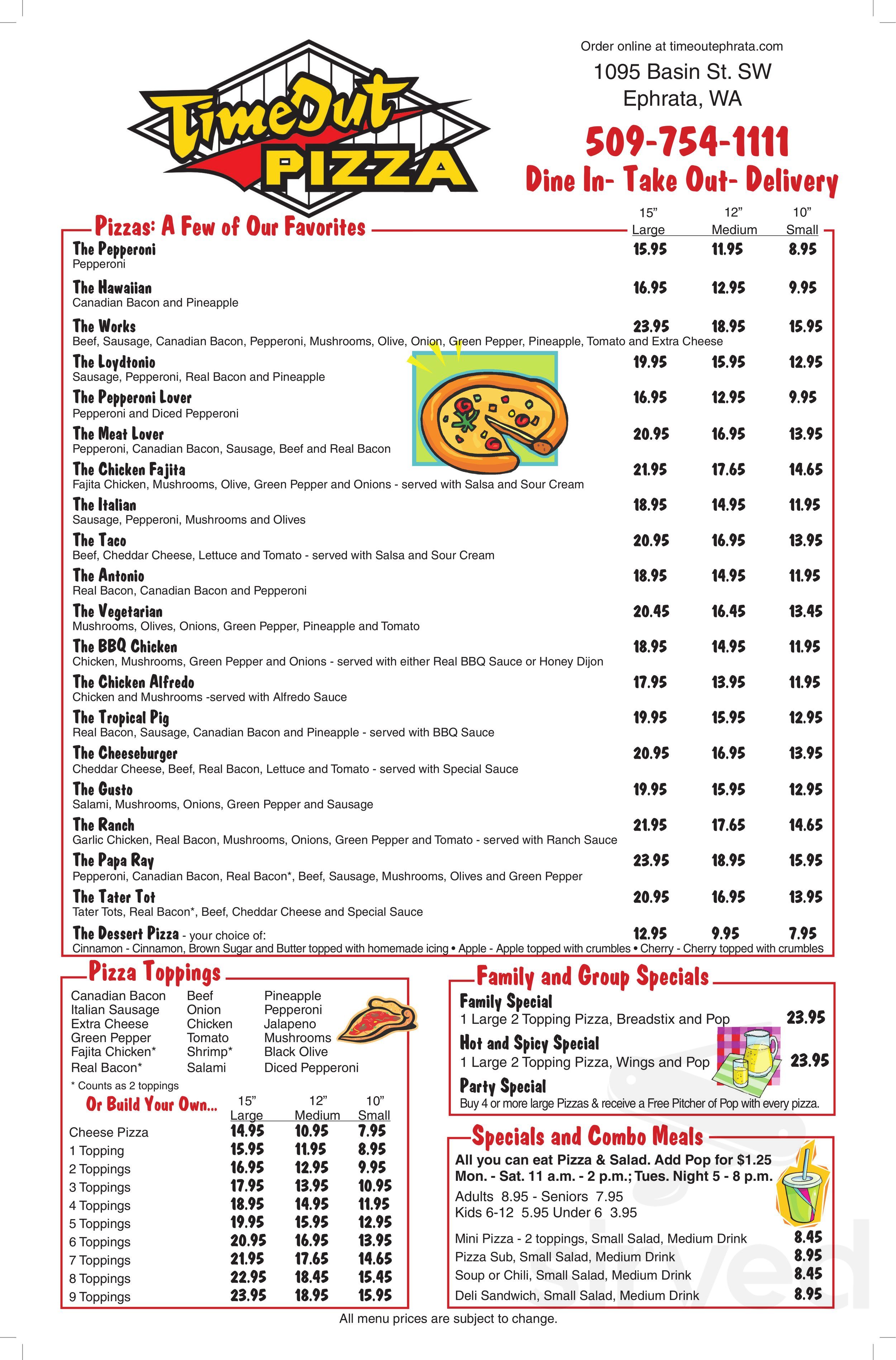 Time Out Pizza menu in Ephrata, Washington, USA