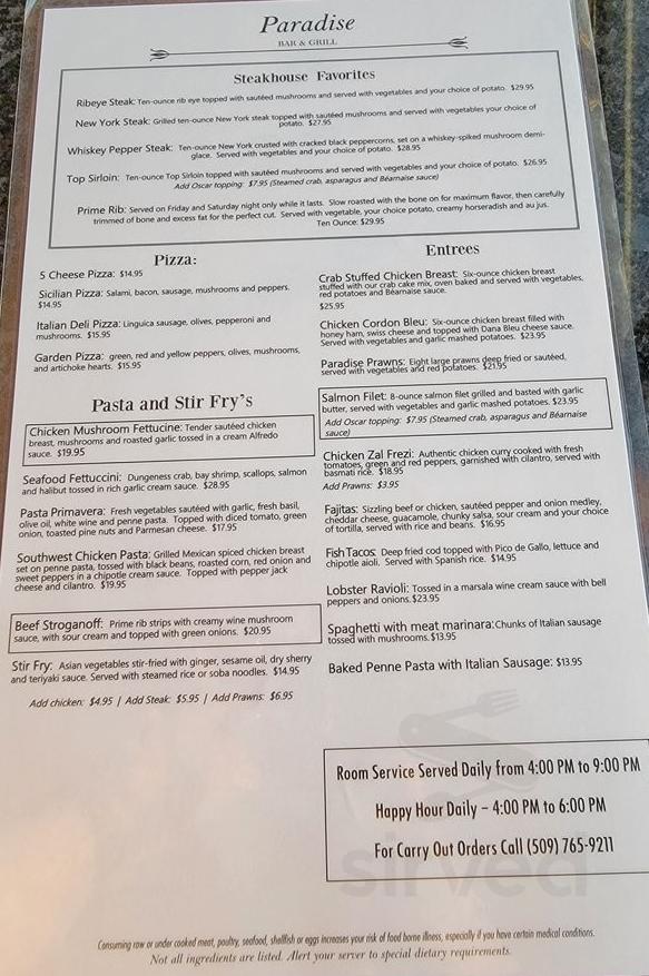 Paradise Bar & Grill menus in Moses Lake, Washington, United States