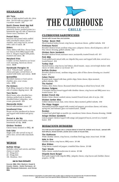 The Clubhouse Grille menu in Bethlehem, Pennsylvania, USA
