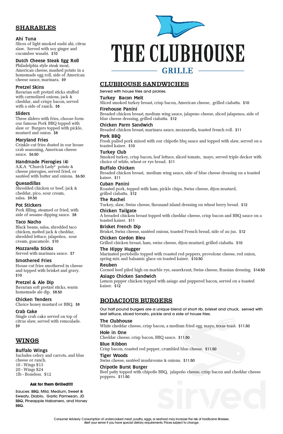 The Clubhouse Grille menu in Bethlehem, Pennsylvania, USA