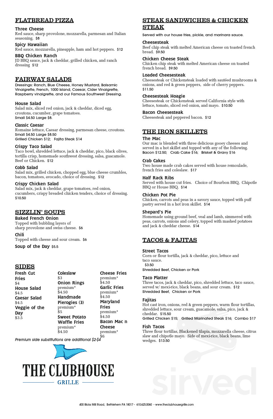 The Clubhouse Grille menu in Bethlehem, Pennsylvania, USA