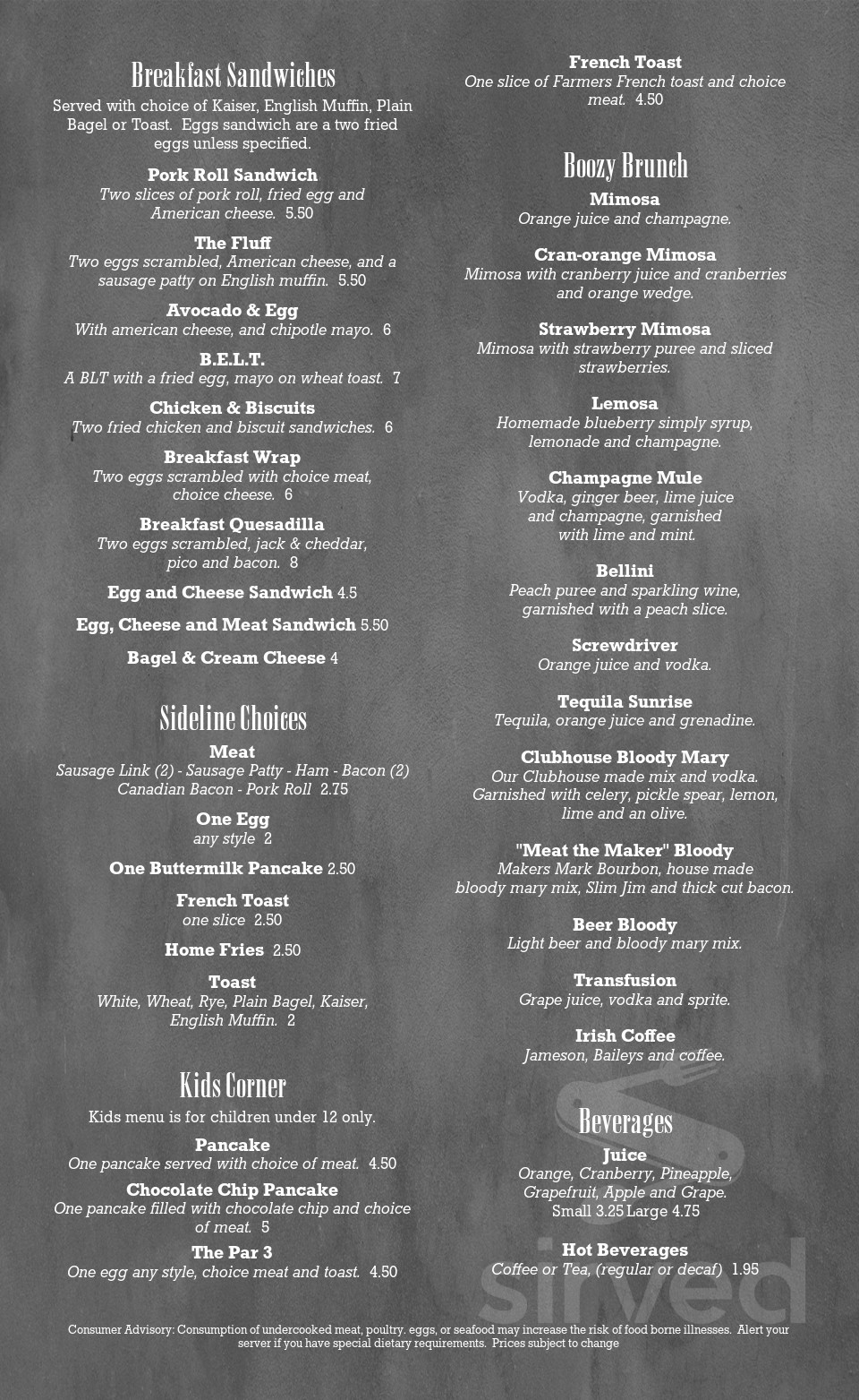 The Clubhouse Grille menu in Bethlehem, Pennsylvania, USA