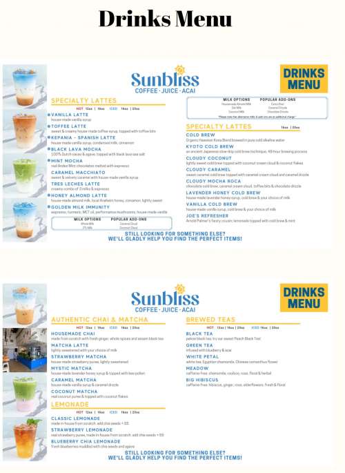 Sunbliss Cafe menu in Anaheim, California, USA
