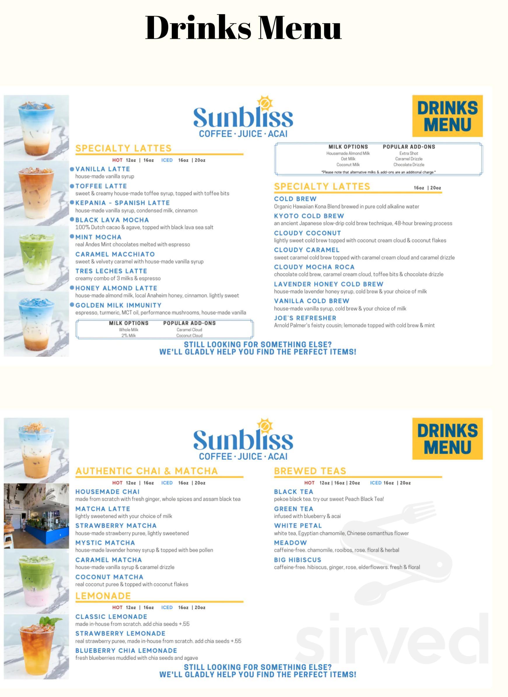 Sunbliss Cafe menu in Anaheim, California, USA