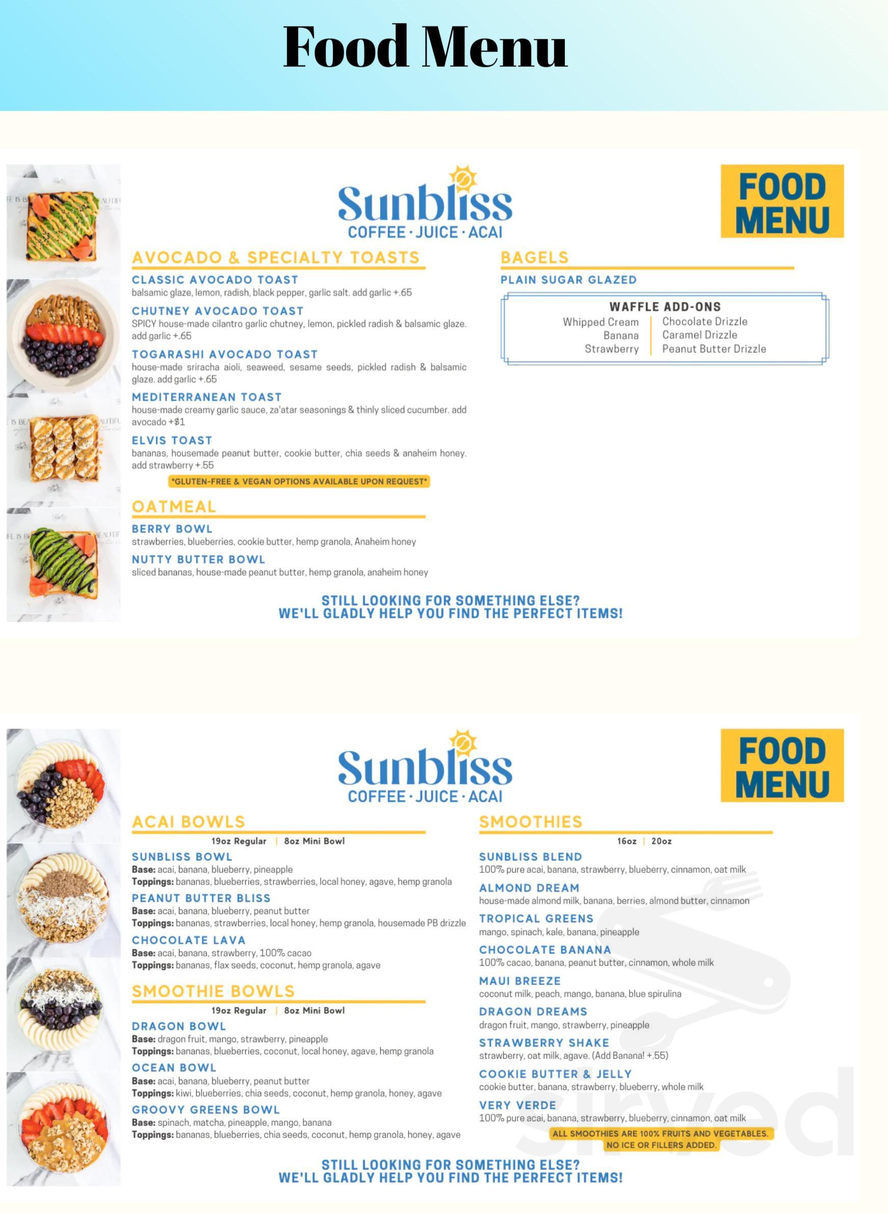 Sunbliss Cafe menu in Anaheim, California, USA