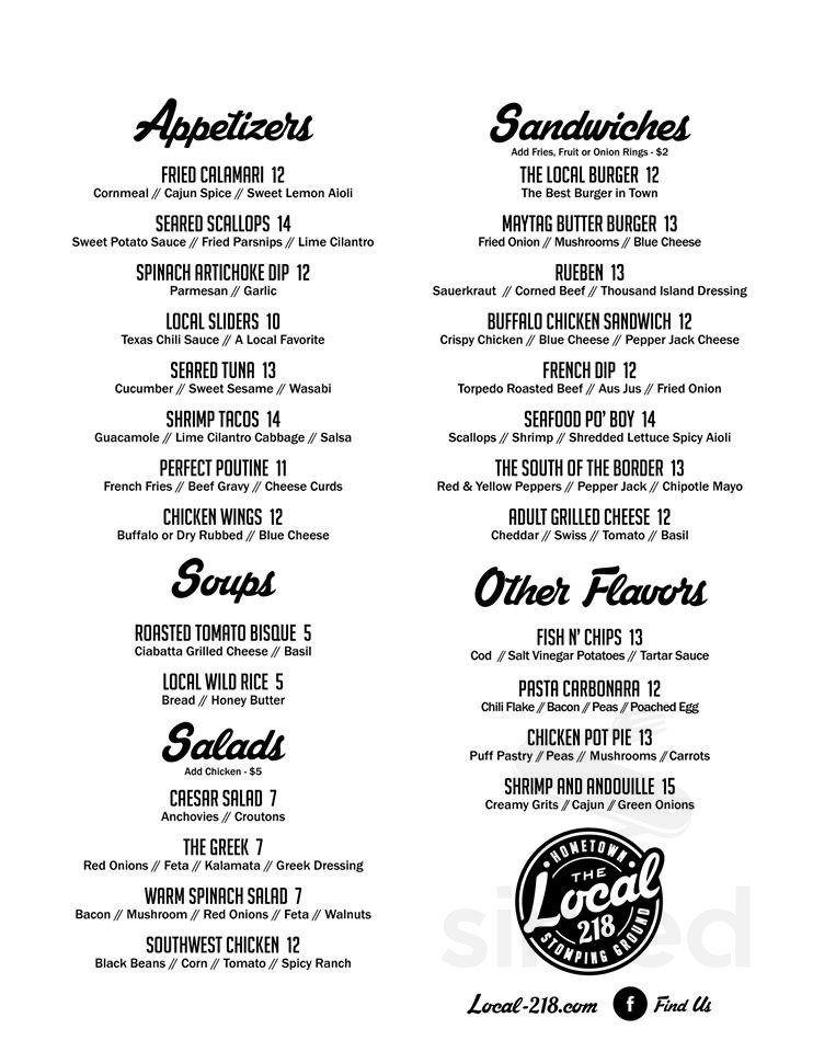 Menu for The Local 218 in Brainerd, MN | Sirved