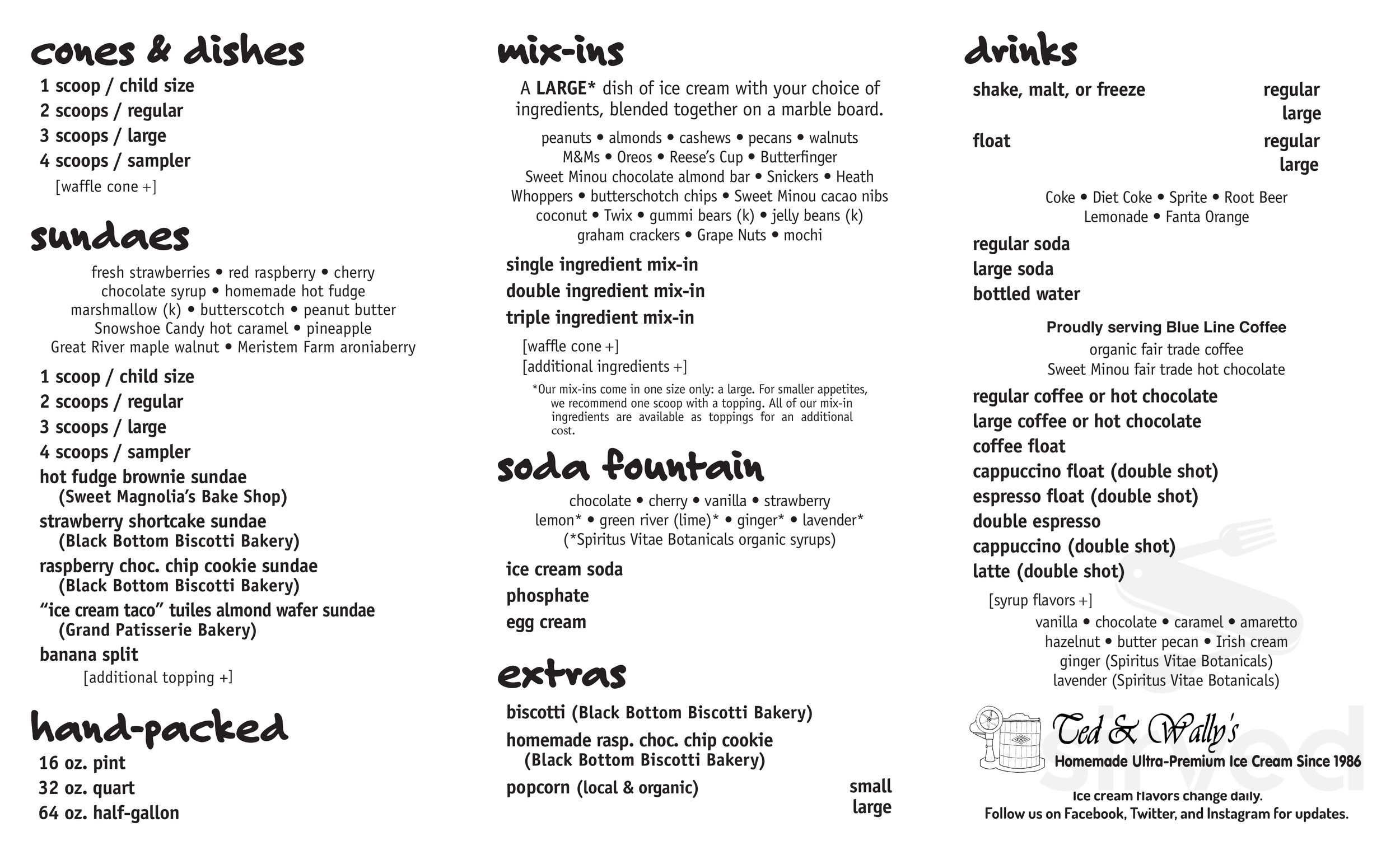 Ted & Wally's Ultra Premium Ice Cream menu in Omaha, Nebraska, USA