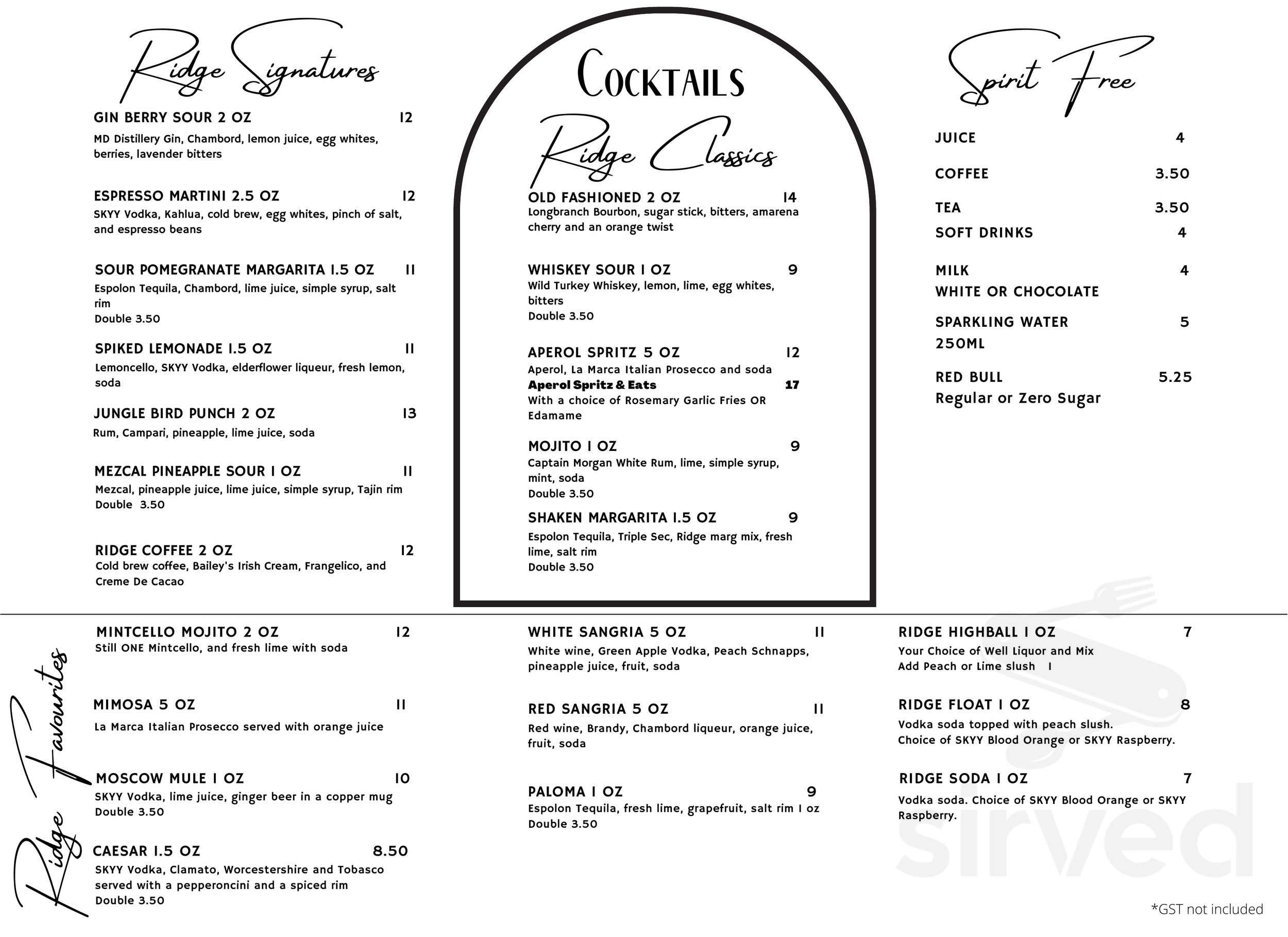 The Ridge Social Eatery menu in St. Albert, Alberta, Canada