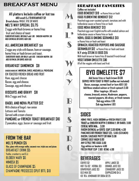 Mel's way bistro & banquet menu in Lake Worth, Florida, USA