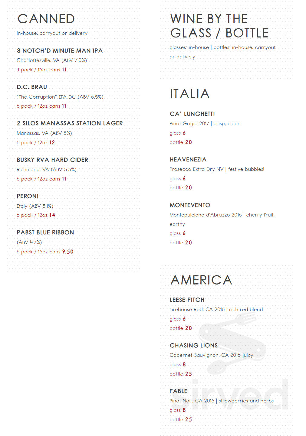 Old Dominion Pizza Company menu in Arlington, Virginia, USA