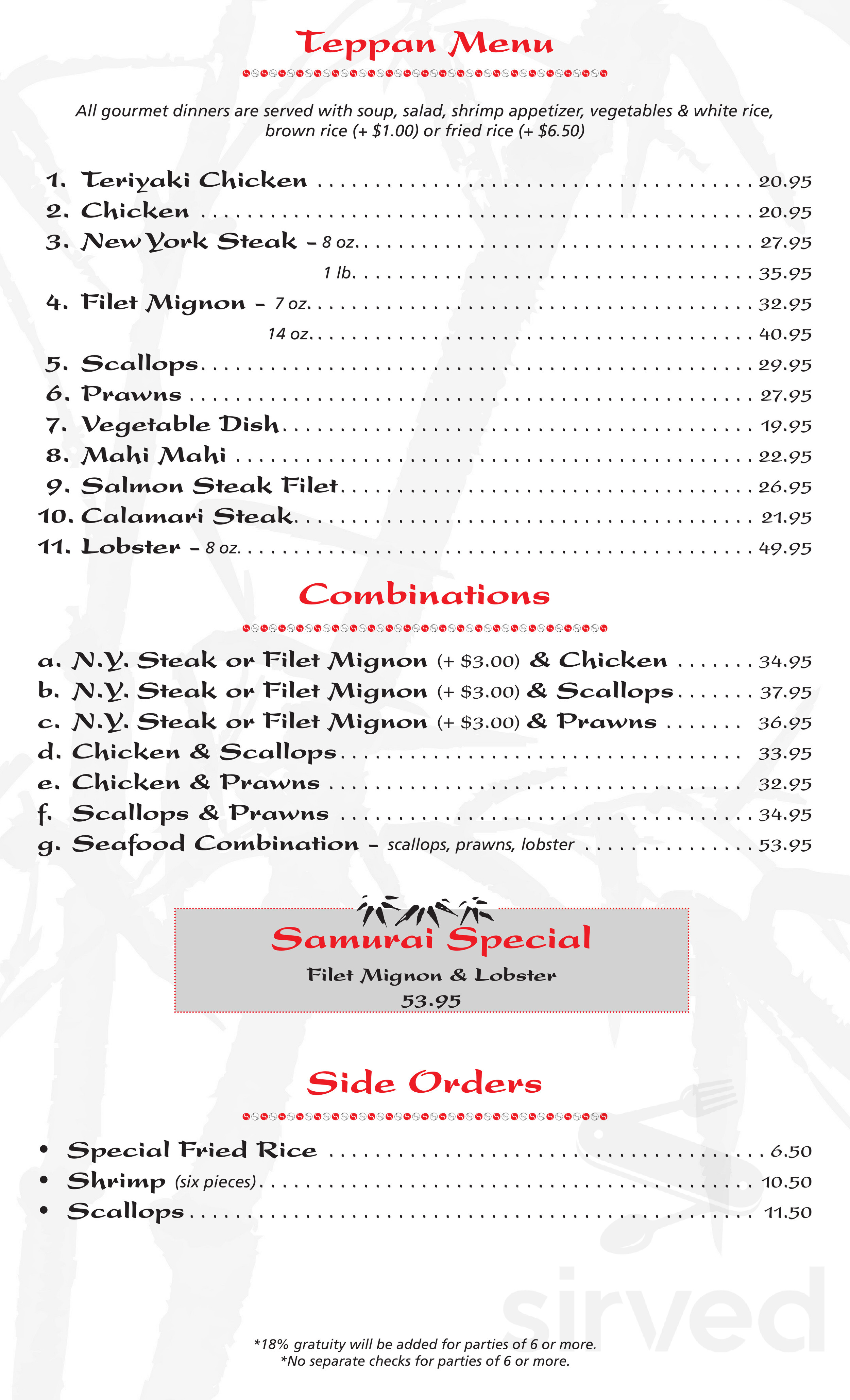 Samurai Japanese Restaurant menus in Solana Beach, California, United ...