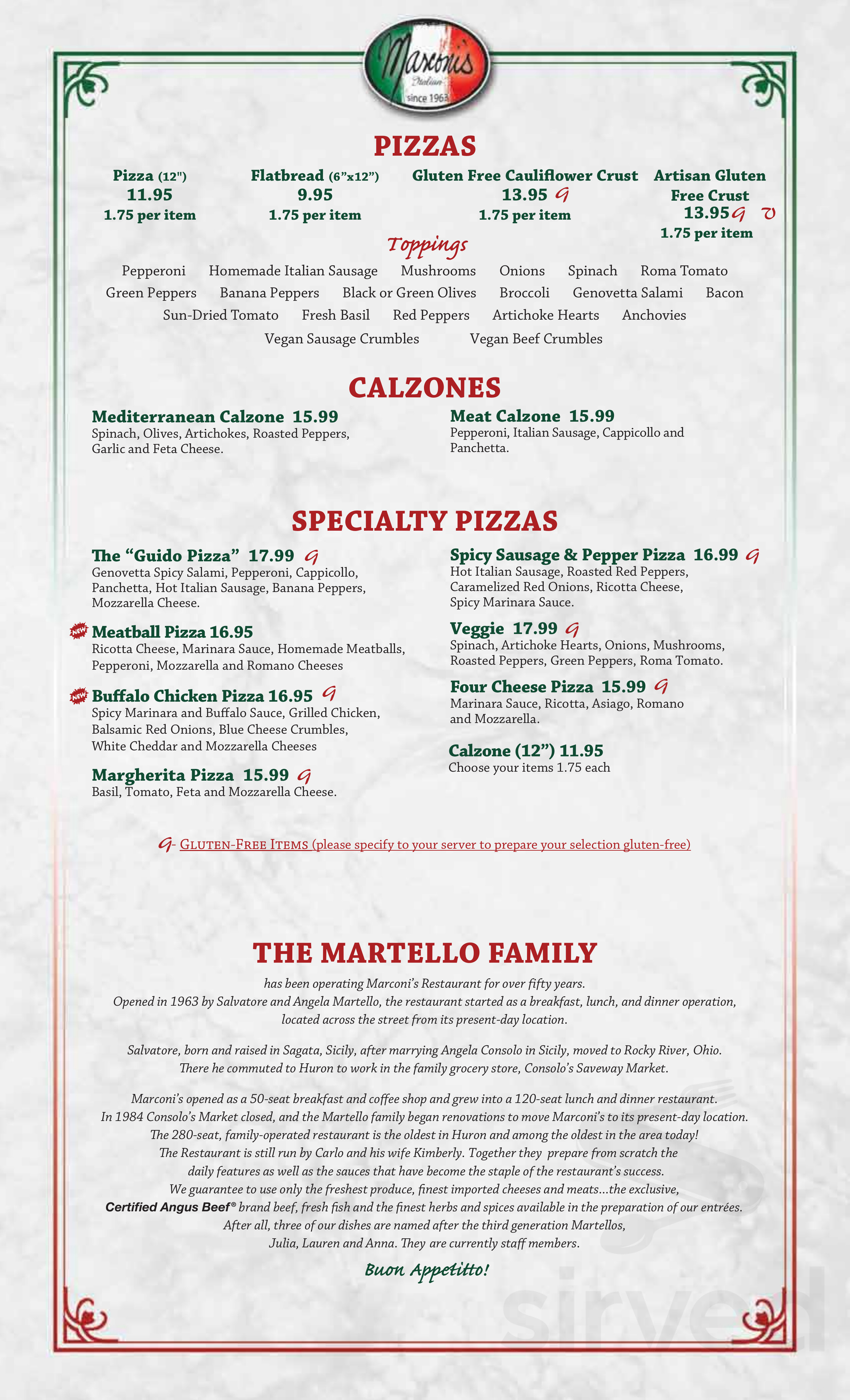Marconi's Italian Restaurant menu in Huron, Ohio, USA