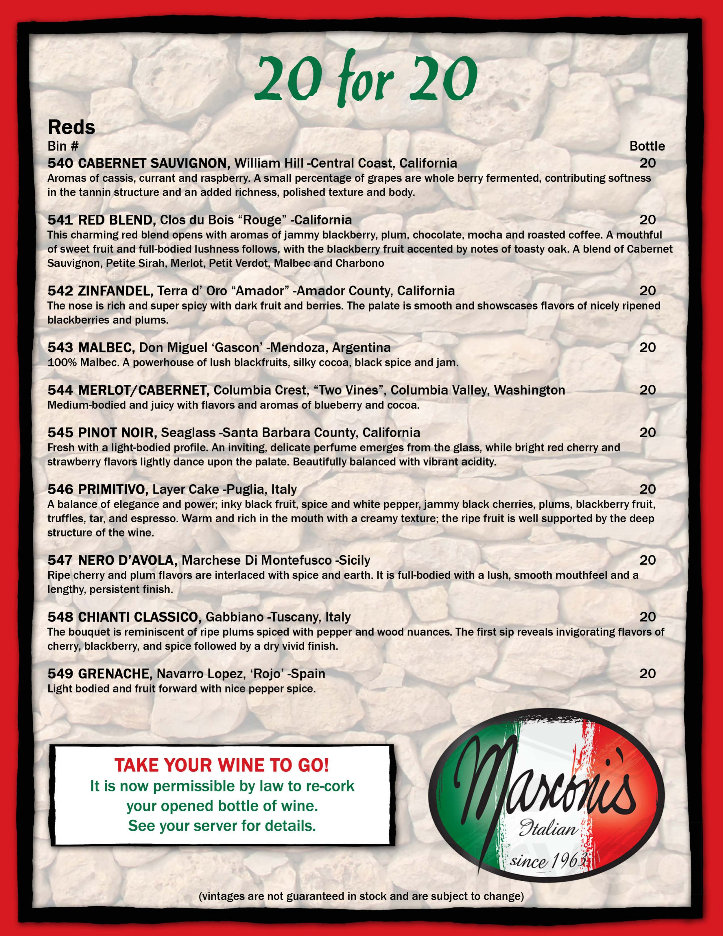 Marconi's Italian Restaurant menu in Huron, Ohio, USA