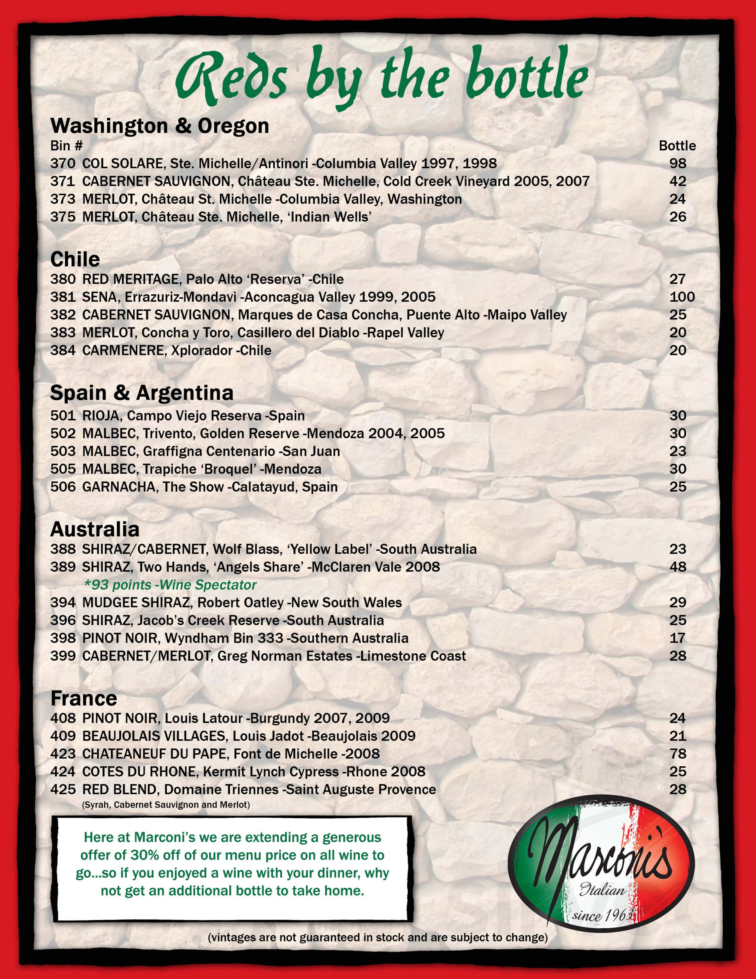 Marconi's Italian Restaurant menu in Huron, Ohio, USA