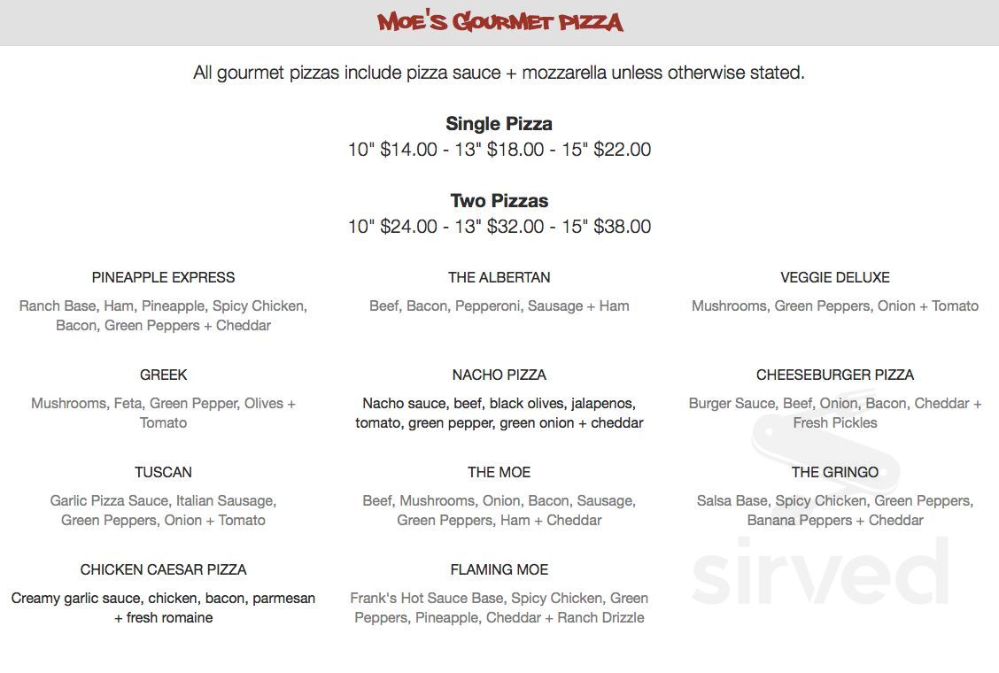 Moe's Pizza Co. menu in Lacombe, Alberta, Canada