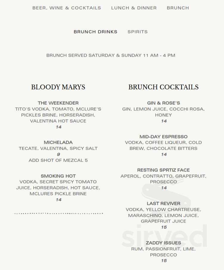 The Wren menu in New York, New York, USA