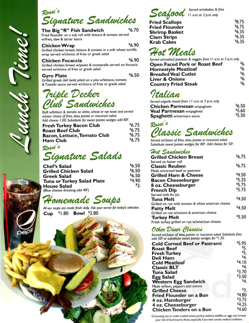 Rossi's Diner menu in South Daytona, Florida, USA