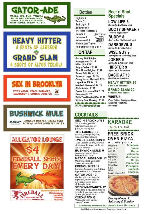 Alligator Lounge menu in Brooklyn, New York, USA