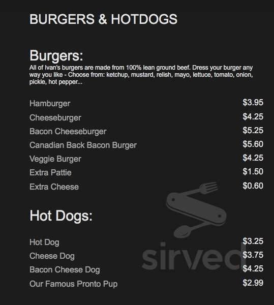 Ivan's Restaurant menu in North Bay, Ontario, Canada