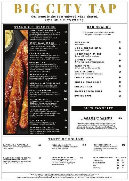Big City Tap menu in Chicago, Illinois, USA