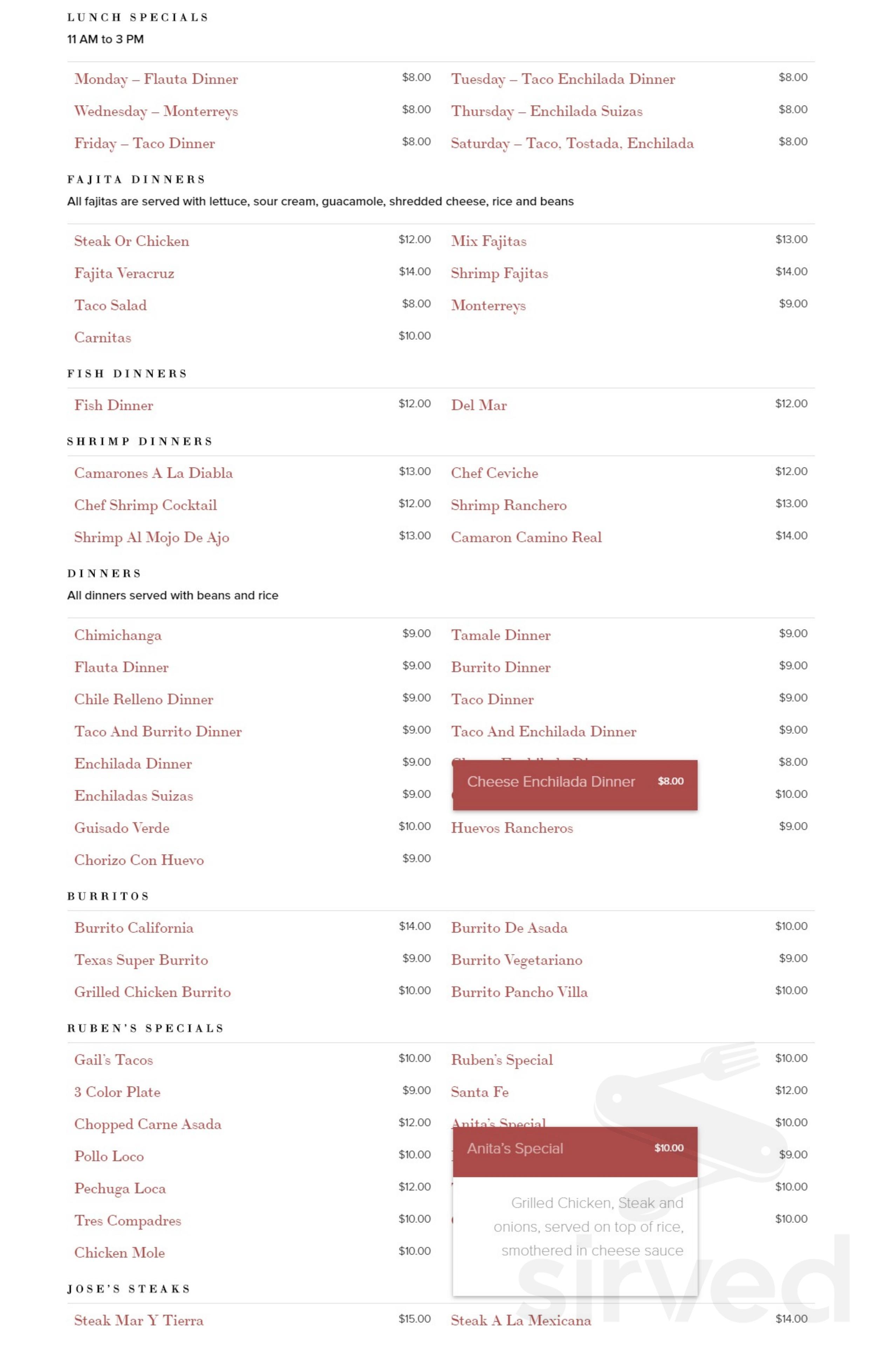 Ruben's Mexican Grill menu in Wichita, Kansas, USA