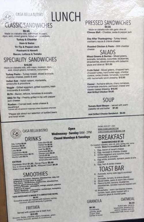 Casa Bella Bistro menu in Sunol, California, USA